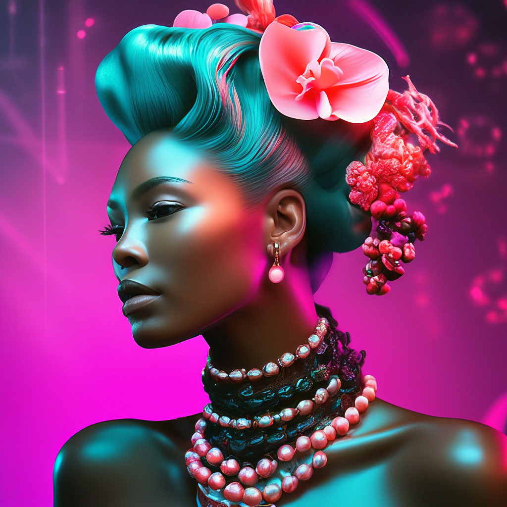 "Woman- pink coral full body view hair up from coral neck black pearl ...