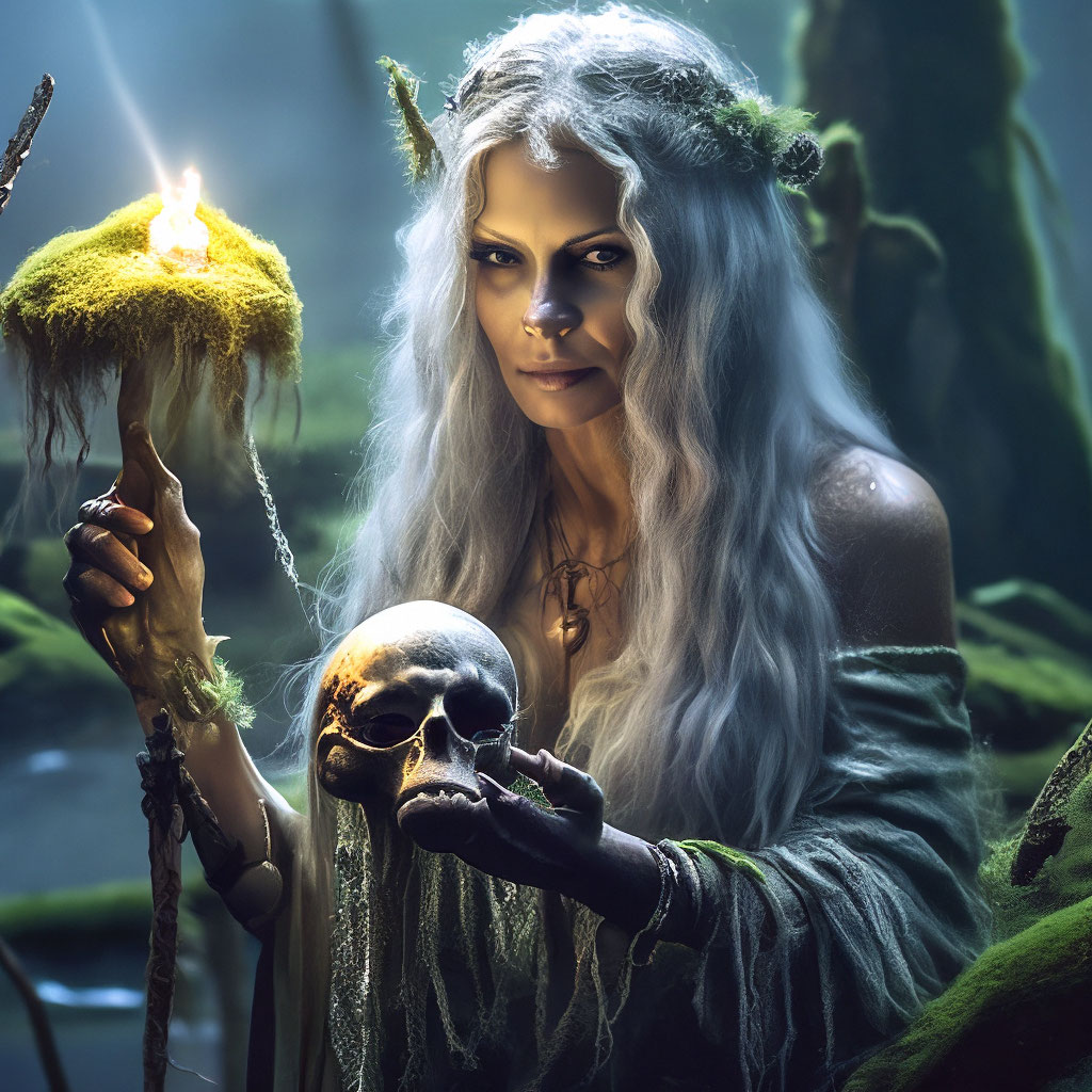 "The woman is a swamp witch with disheveled hair, sharp claws, a skull ...
