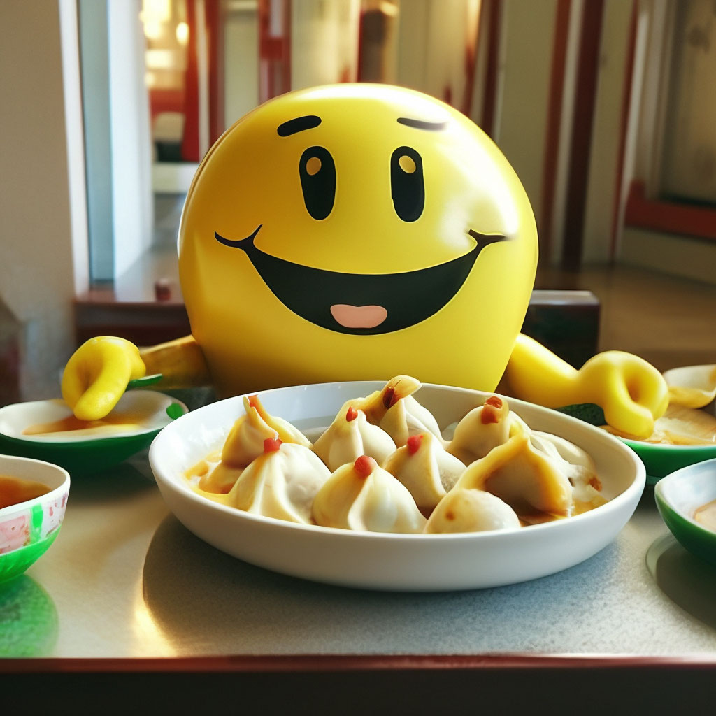 "Funny smiley eating dumplings , very funny" — image created in Shedevrum
