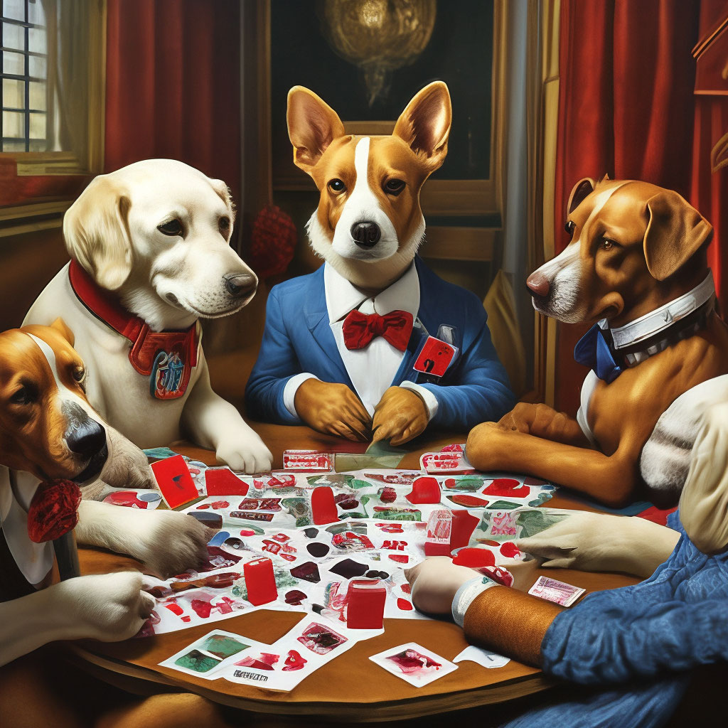 "Dogs play cards" — image created in Shedevrum