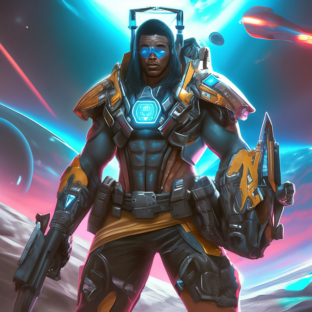 "Space adventurer adventurer bounty hunter brutal cyborg in full growth ...