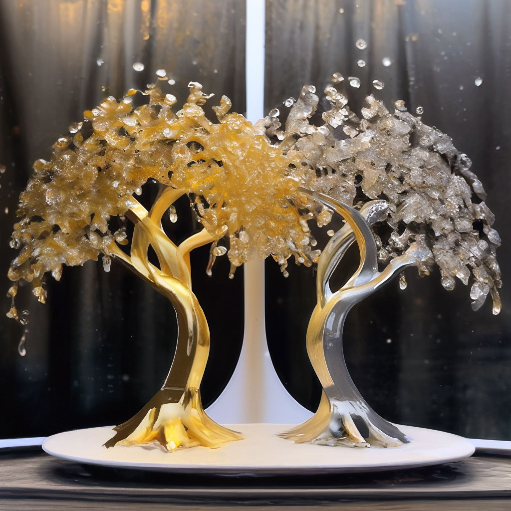 "Two elegant trees - gold and silver intertwined with trunks and ...