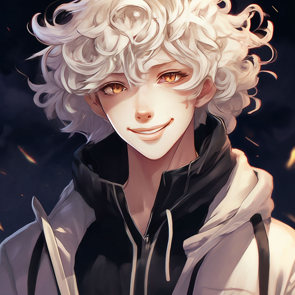 "Anime guy, albino, smile, lush curly shoulder-length hair, black ...