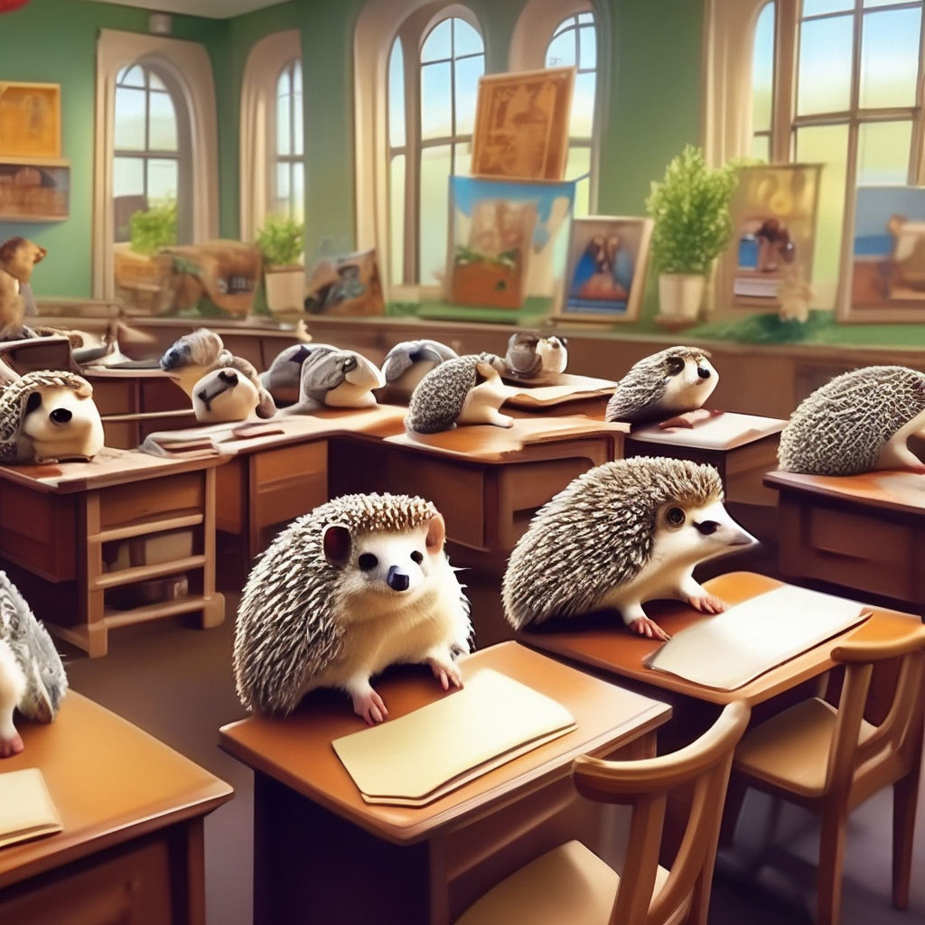 "Hedgehogs are sitting at desks in a hedgehog school, fabulous" — image ...