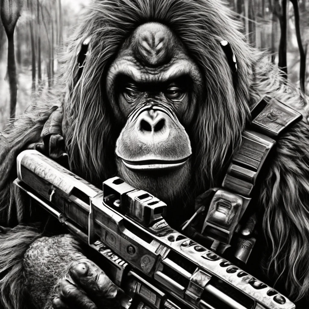 "Large orangutan + shooter with a gun, black and white illustration ...