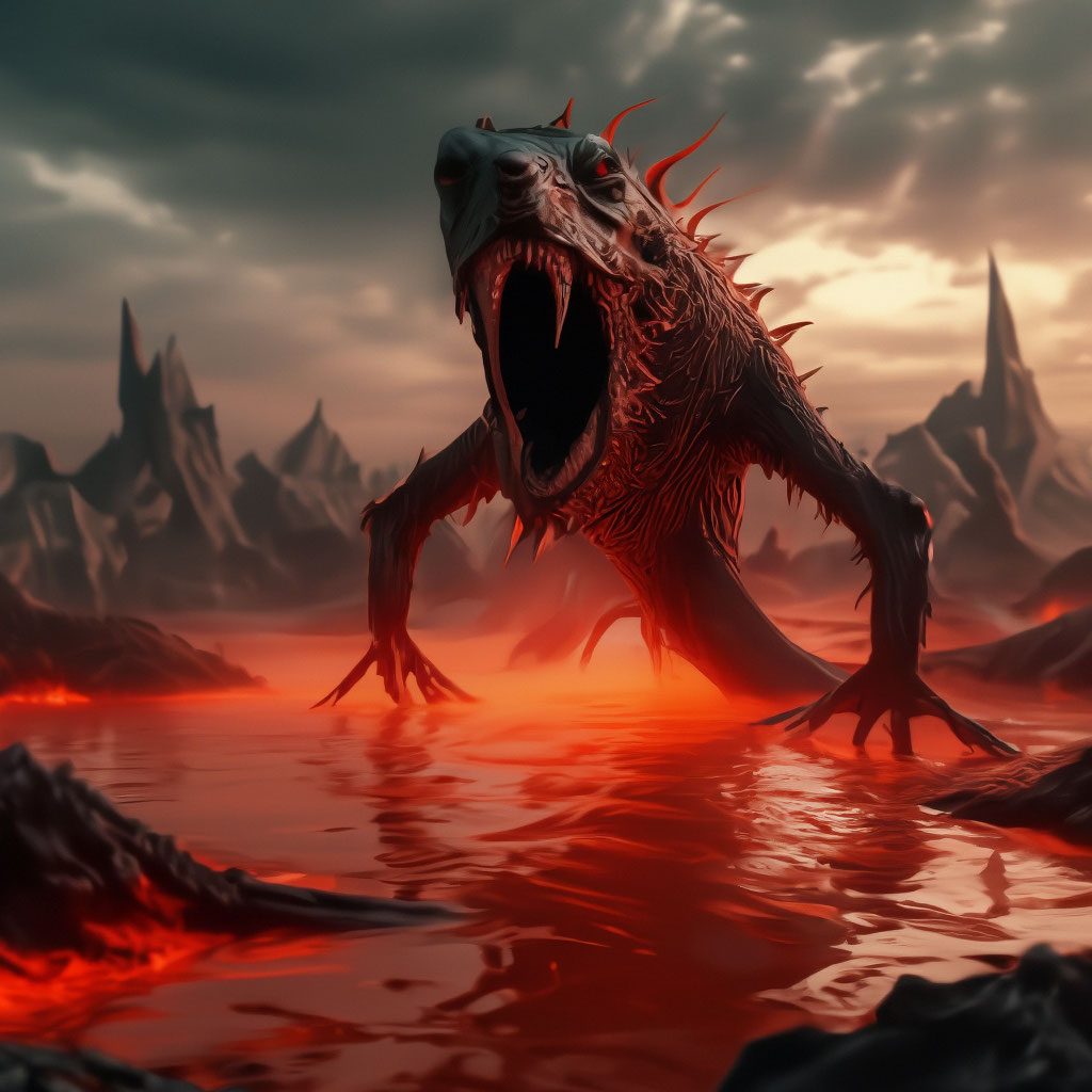 "Scorched desert, fiery sky, scary aquatic creatures, lava pond, horror ...