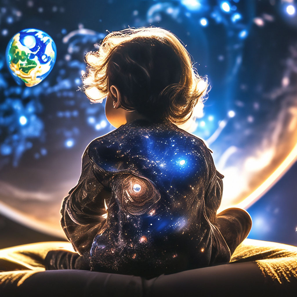 "Child,galaxy,planet earth,velvet,metamorphosis,sitting, high detail ...