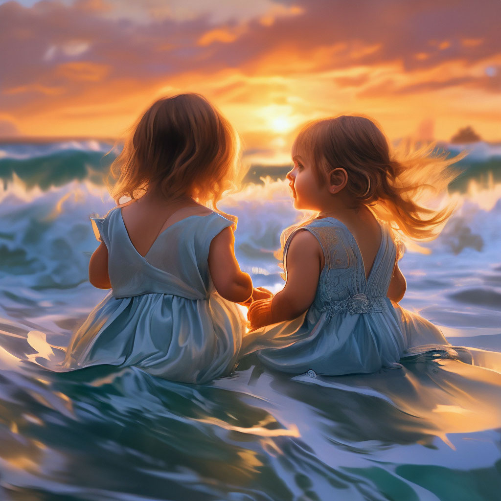 "Sunset,Very beautiful two babies, big beautiful eyes , expressive look ...