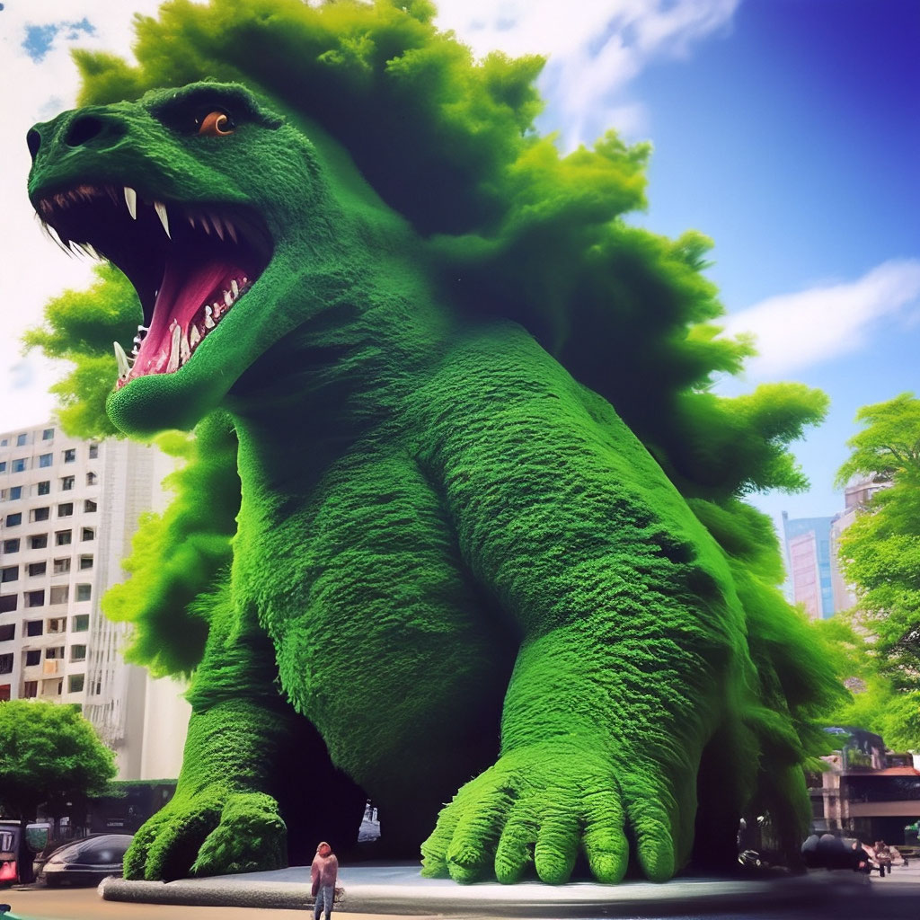 "A green tree that looks like Godzilla" — image created in Shedevrum
