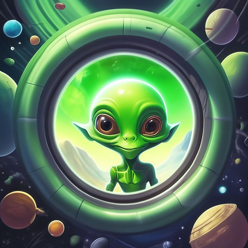 "Space. planets. meteorites. A green funny alien is looking at the ...