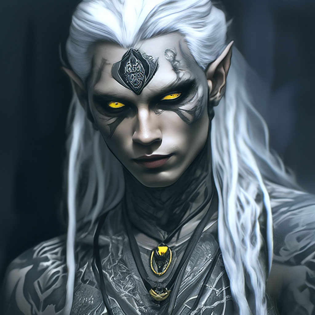 "Dark elf, dark gray skin,black tattoos on the face, long white hair ...