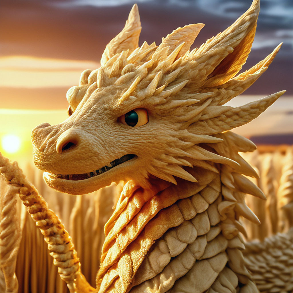 "Dragon-wheat, cute little joyful dragon made of wheat, wreath of wheat ...