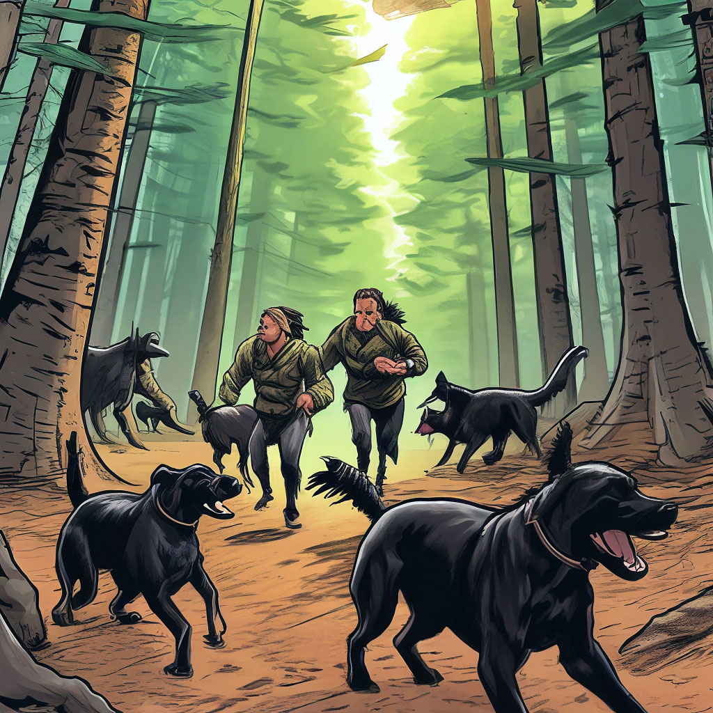 "2 people in a dense forest, defending themselves from a pack of dogs ...