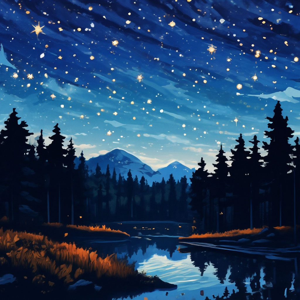 "Starry sky at night in the forest" — image created in Shedevrum