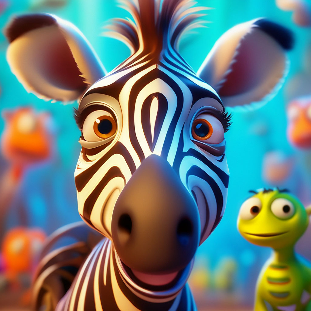 "Bug-eyed zebra looks carefully into the lens, in the style of Disney ...