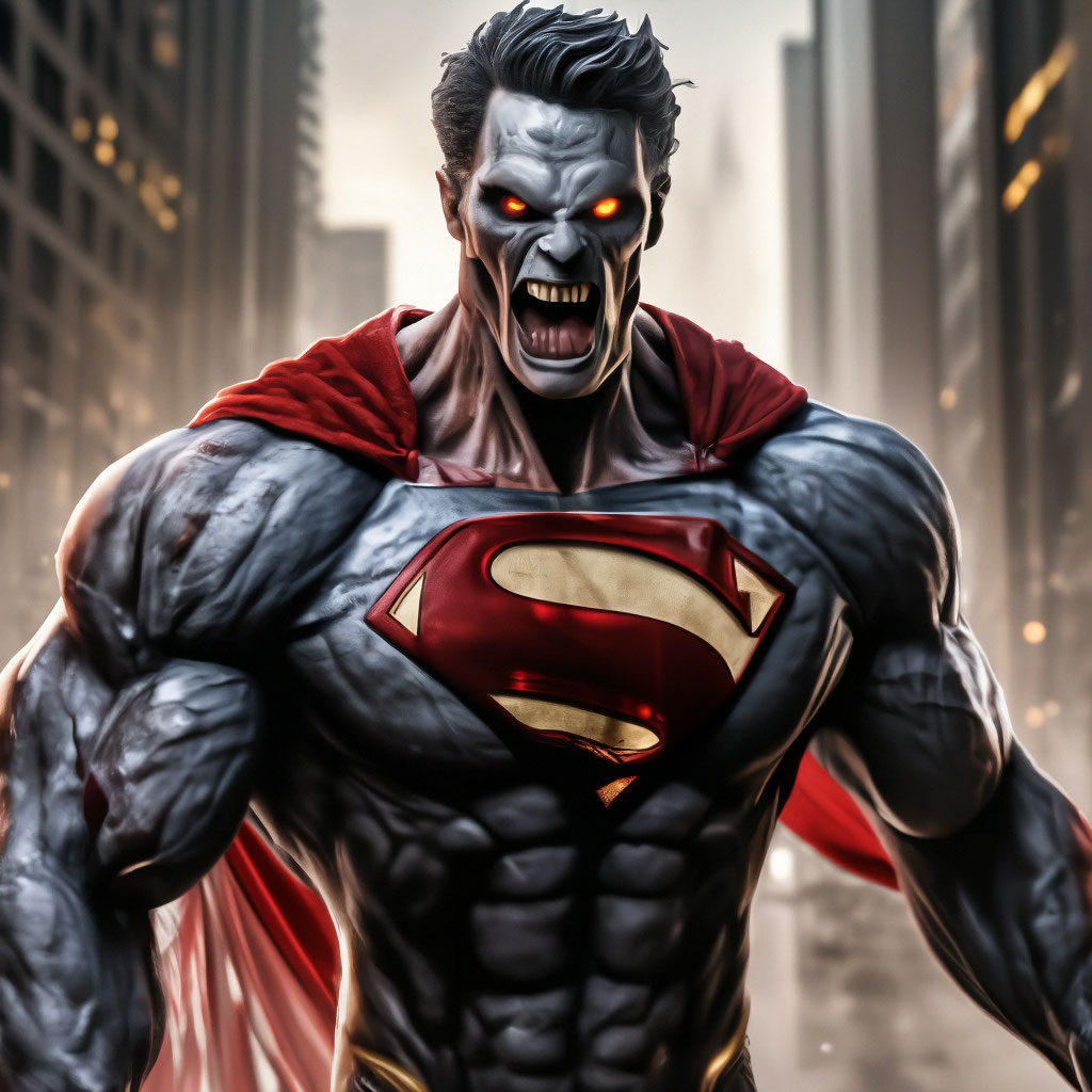 "Bizarro, zombie superman with gray skin, powerful, screams, gray neck ...