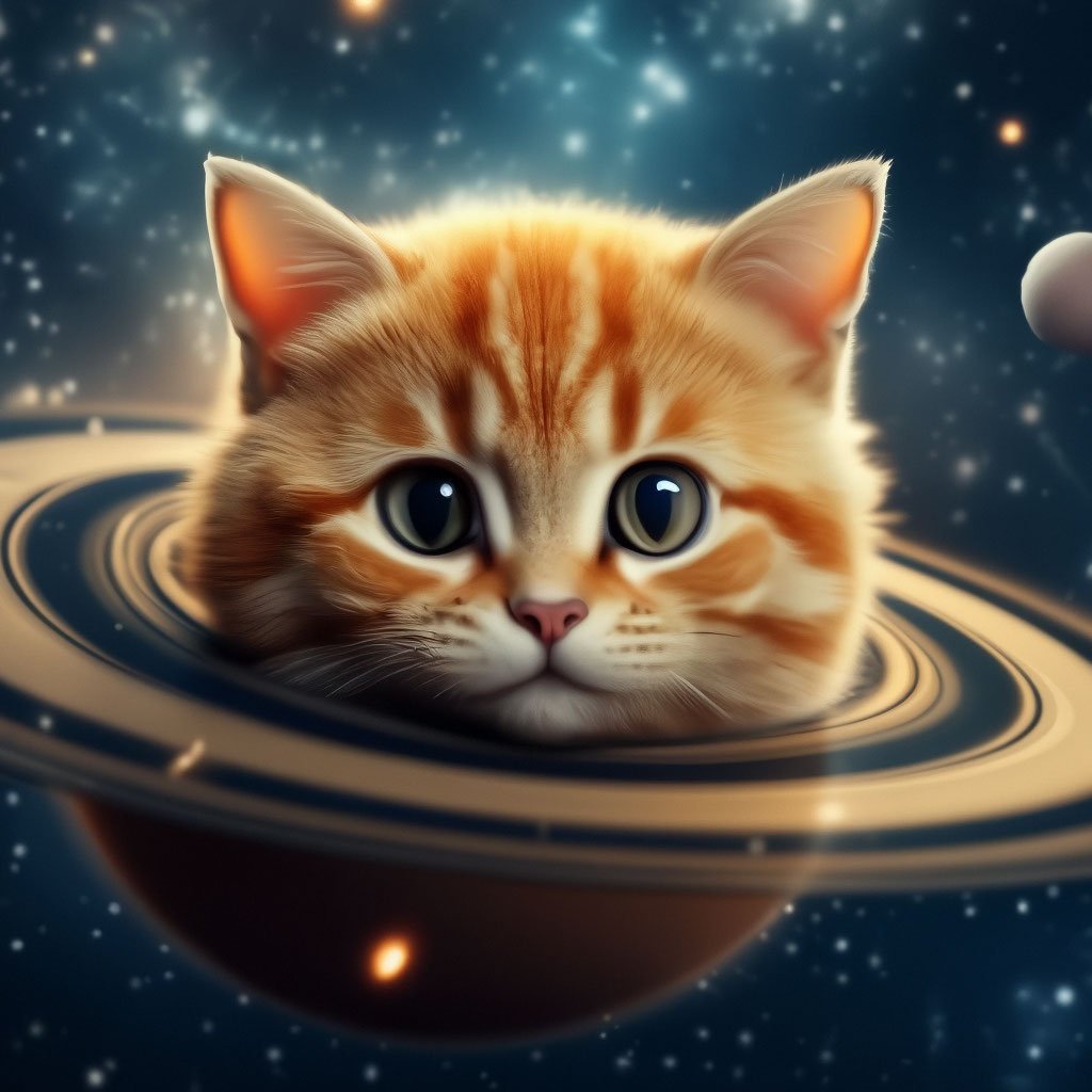 "The planet Saturn in the form of a cute cat and many small bright ...