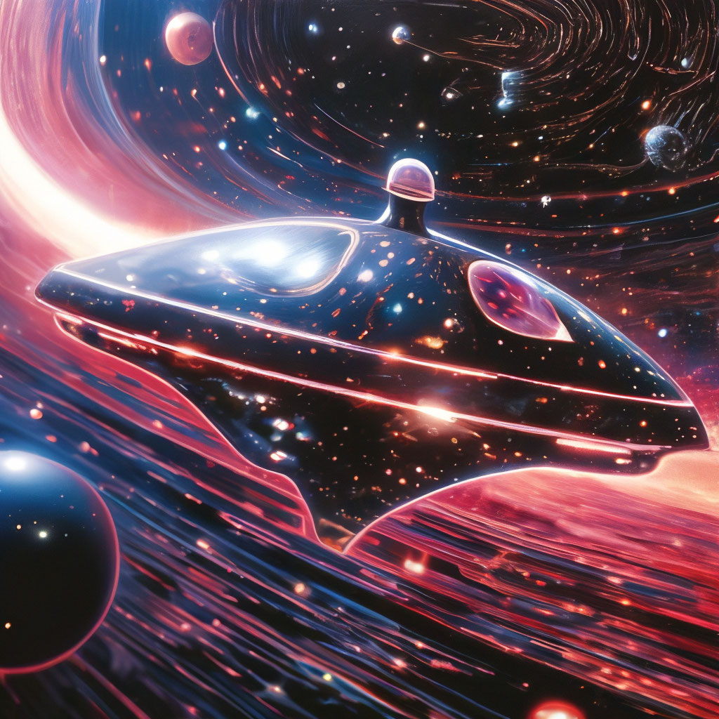 "A black smooth streamlined intracate spaceship levitating in space, in ...