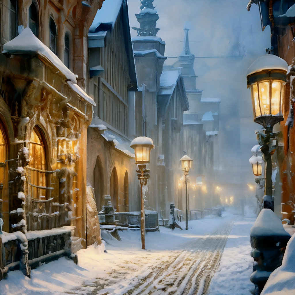 "Old town street in the snow, medieval architecture, cast-iron openwork ...