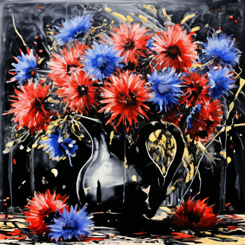 "On black graphite, ink drawing of bordeaux, cornflowers in a jug ...