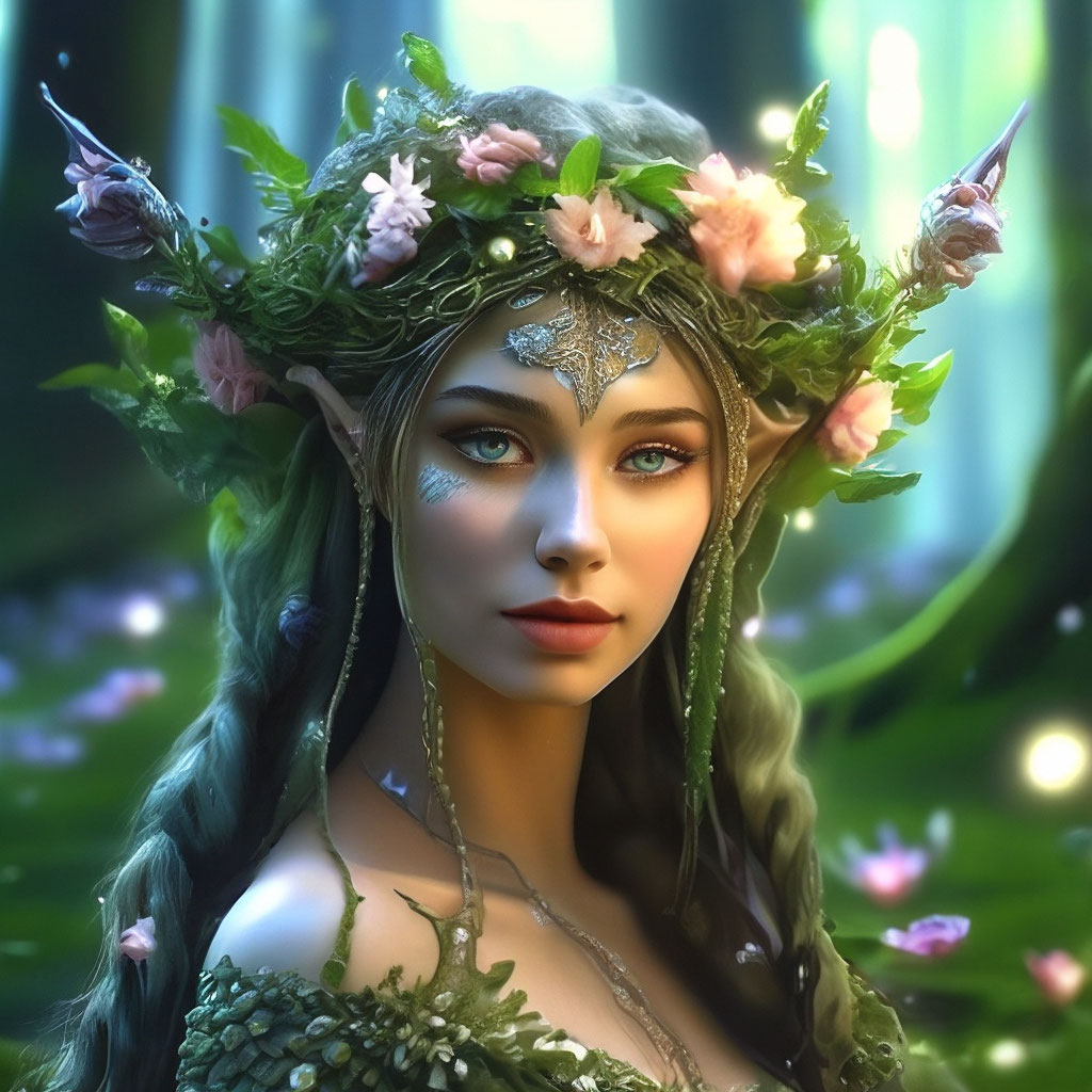 "Realistic forest dryad,eye drawing,face, fairy forest, flowers, river ...