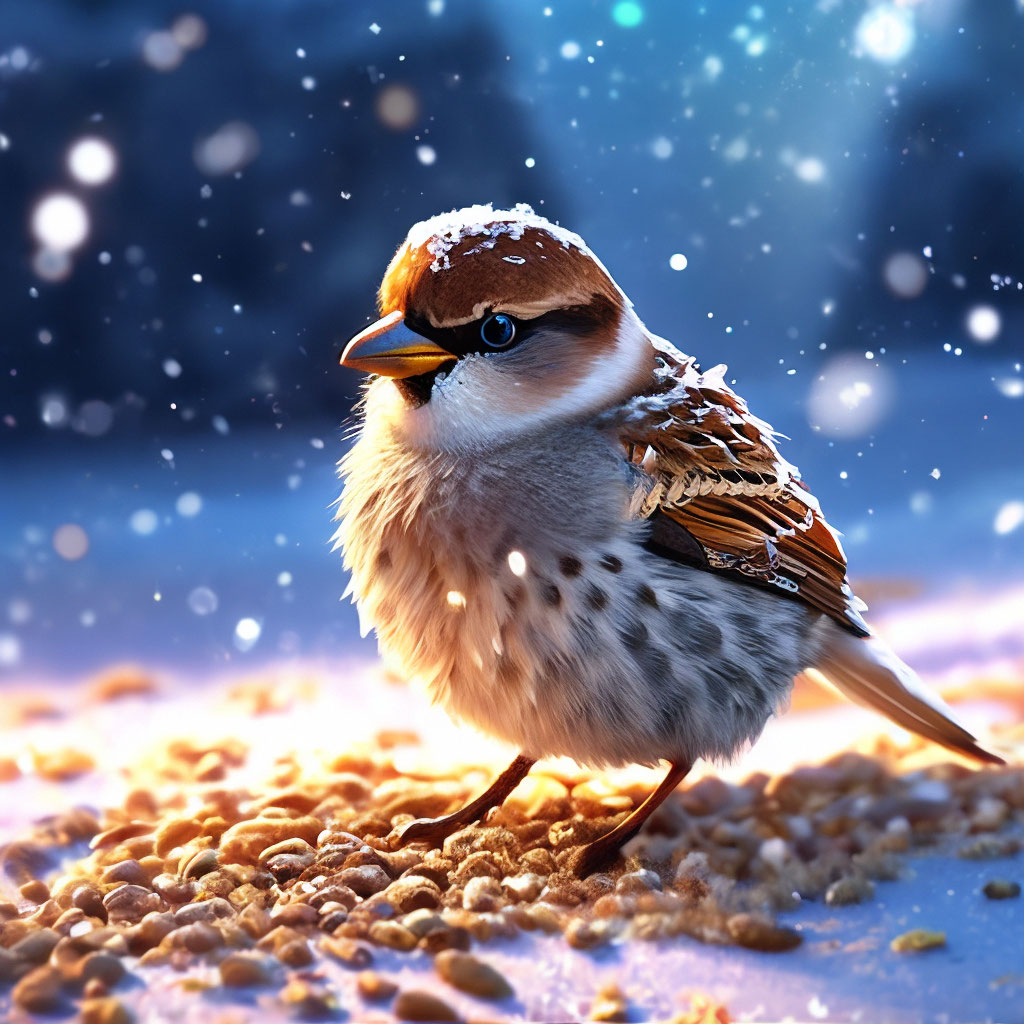 "Disney style, cartoon, small,cute sparrow sitting pecking grain, it's ...