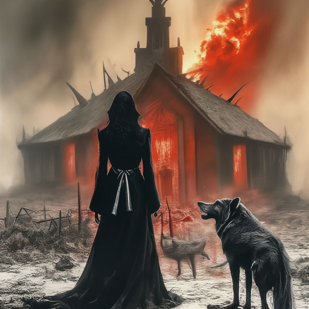 "A frightened cult attendant in a black closed dress +a white bow stand ...