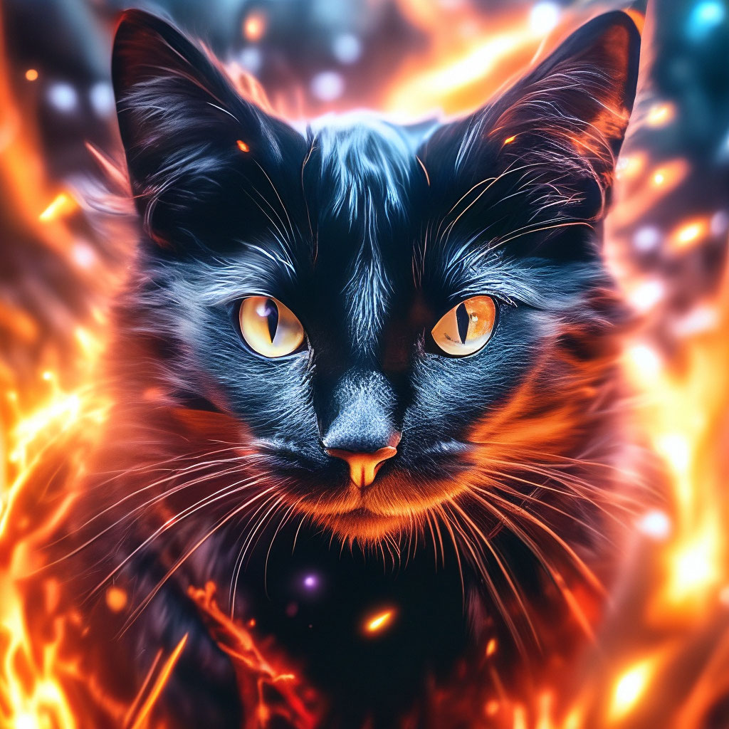 "Epic cat, fiery sparkling eyes, fiery fur, black cat, aesthetically ...
