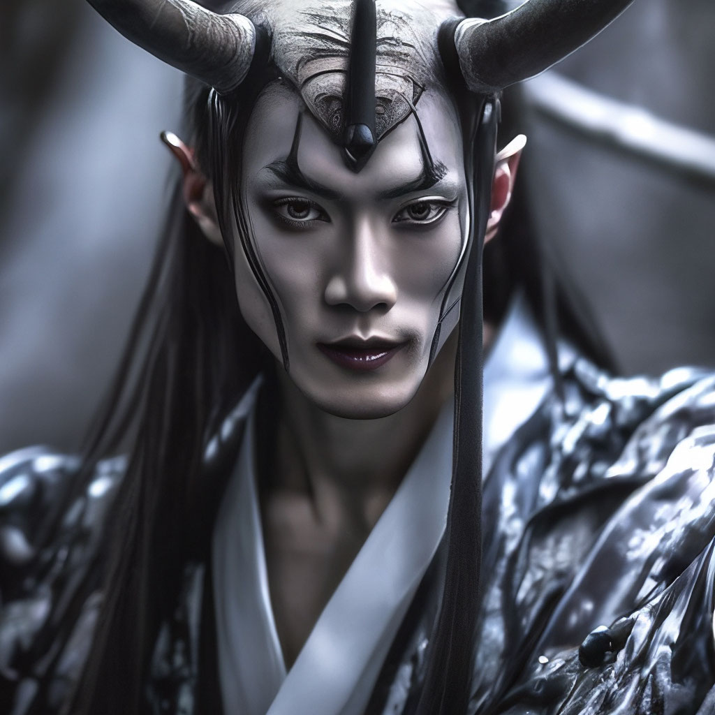 "They a demon man with thin long horns, black skin, kimono ...