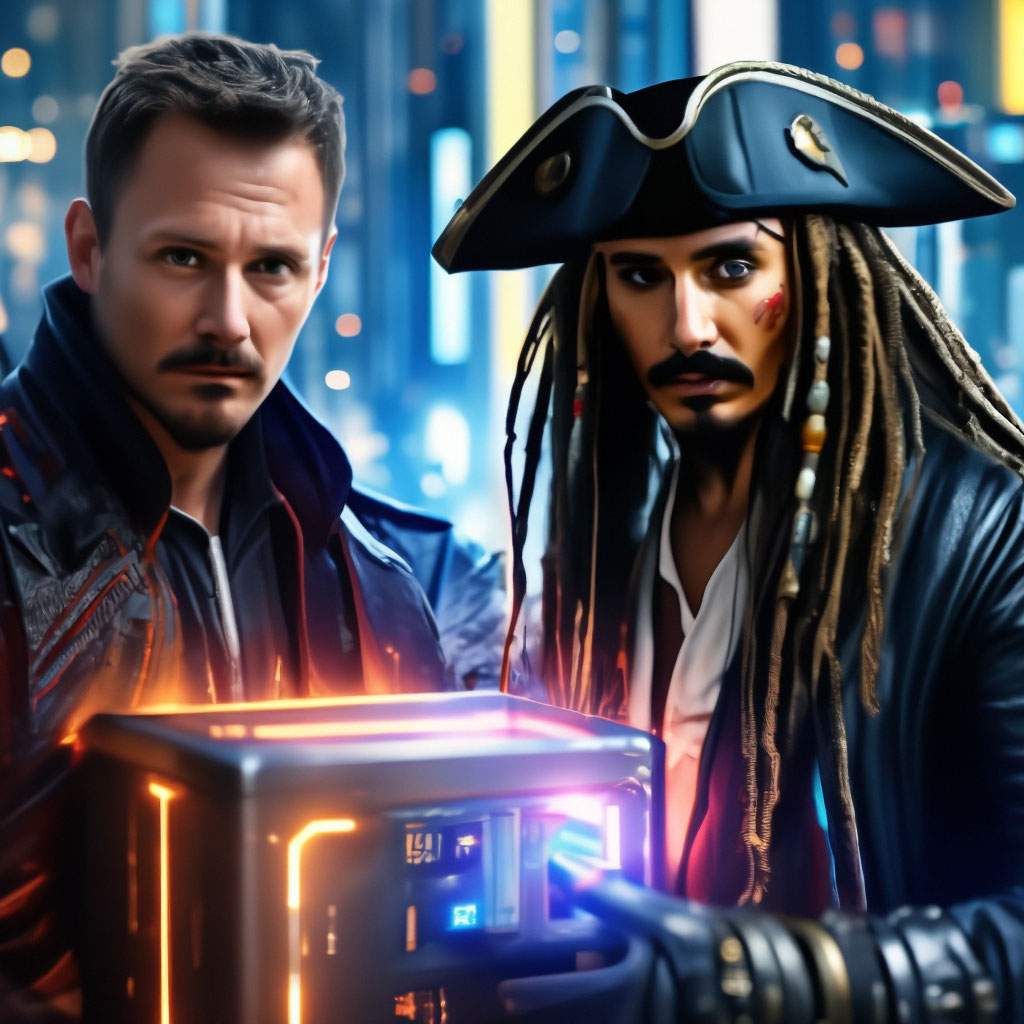 "David Jones and Jack Sparrow Cyborgs with a box, 4k, cyberpunk ...