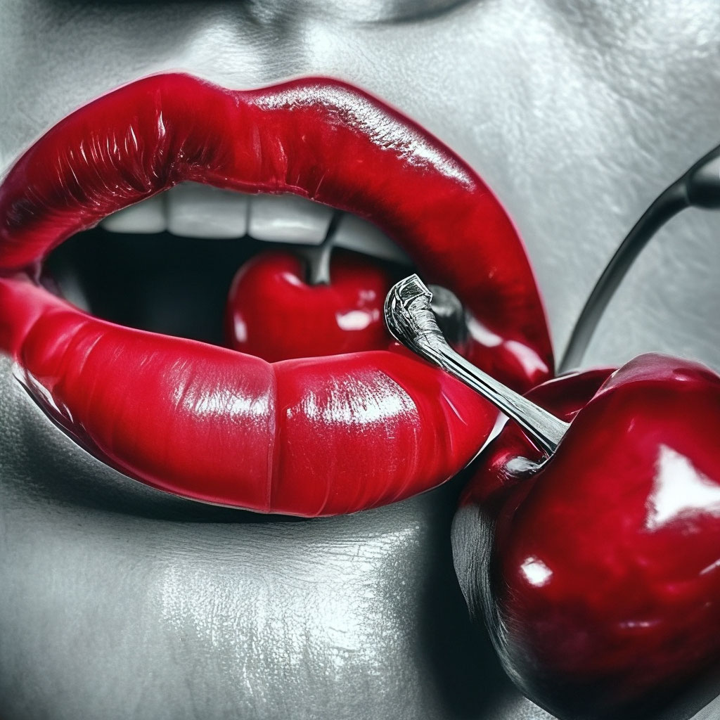 "Art, black and white, photorealism, close-up on red lips, side view ...