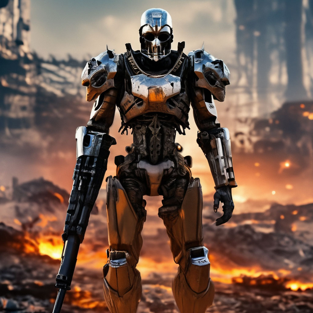 "2499, biorobot skeleton with heavy weapons in full height, post ...
