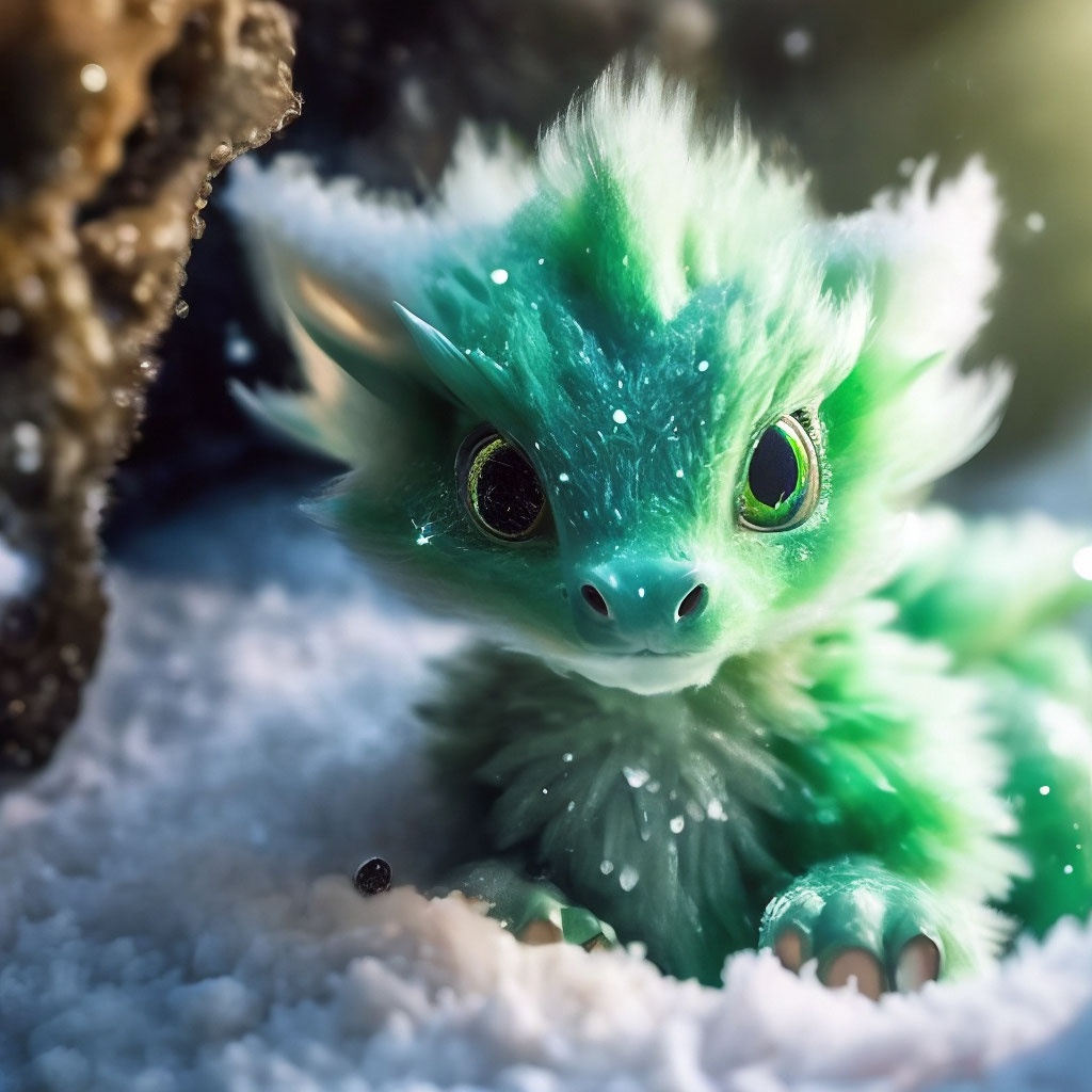"Cute very fluffy gentle baby dragon with green fur peeks out of a salt ...