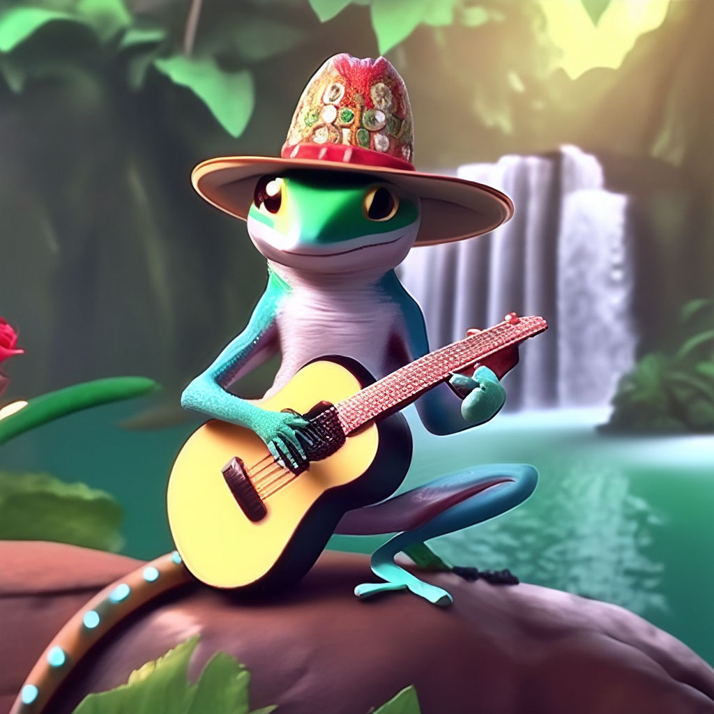 "A gecko plays guitar In a sombrero next to a waterfall in the jungle ...