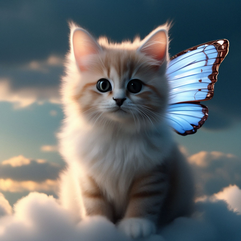 "く⁠コ⁠:⁠彡 cute cgi cat with cloud butterfly wings, minimalism" — image ...