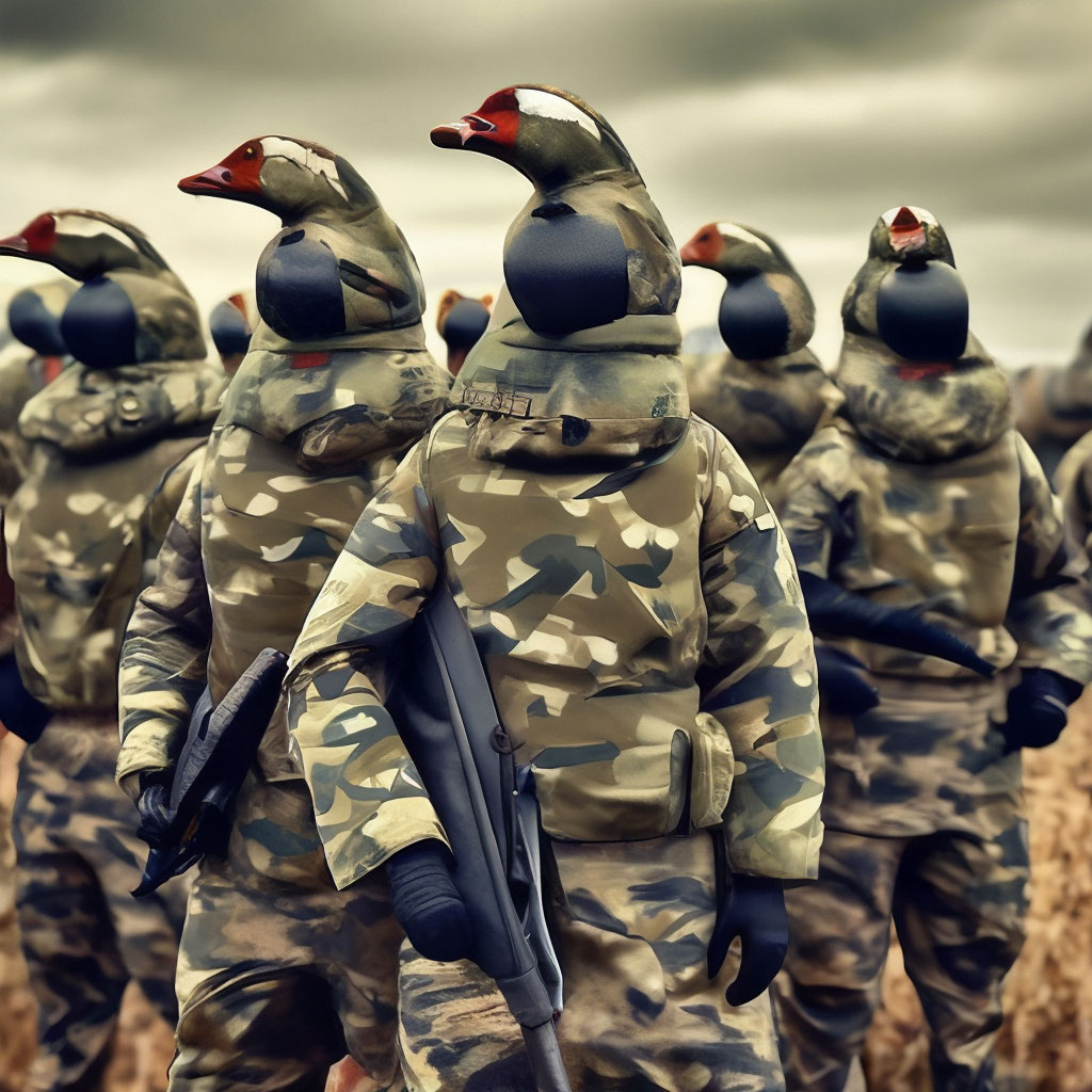 "A squad of combat geese in camouflage" — image created in Shedevrum