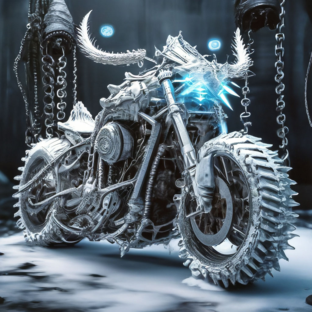 "Hellish enchanted ice ghost motorcycle, chains, horns and spikes ...