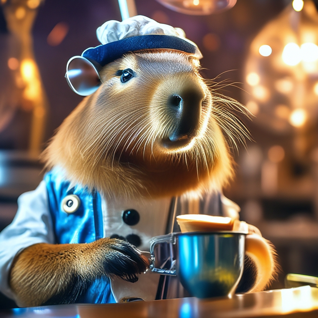 "Capybara barista fantasy, energy, glitter, close-up, beautiful vintage ...