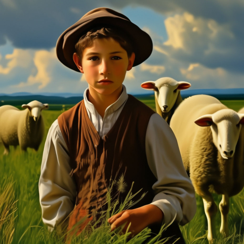 "Sheep, meadow, summer, pasture, shepherd boy" — image created in Shedevrum