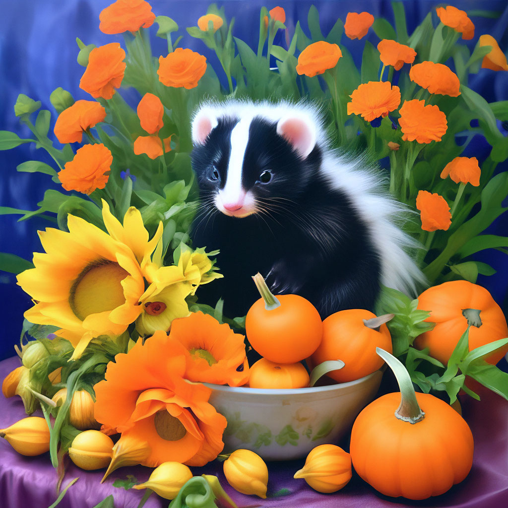 "Fluffy skunk, behind her oceans, sea buckthorn, physalis, orange roses ...