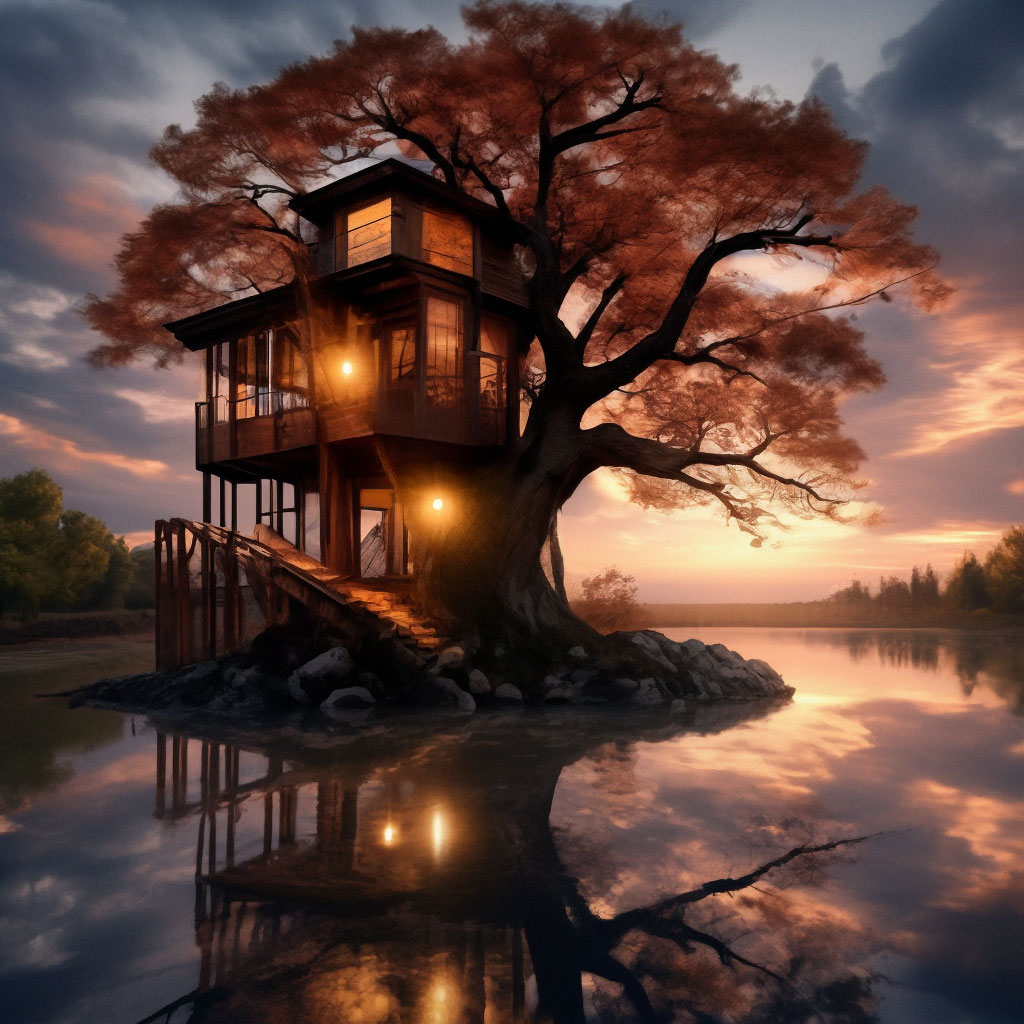 "Romantic tree house beautiful sunset" — image created in Shedevrum