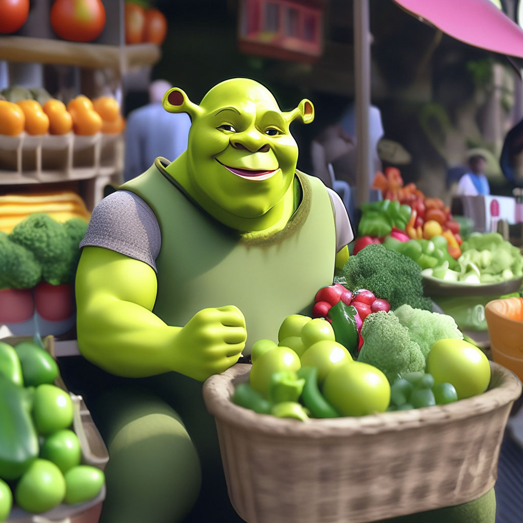 "Shrek sells vegetables and fruits" — image created in Shedevrum