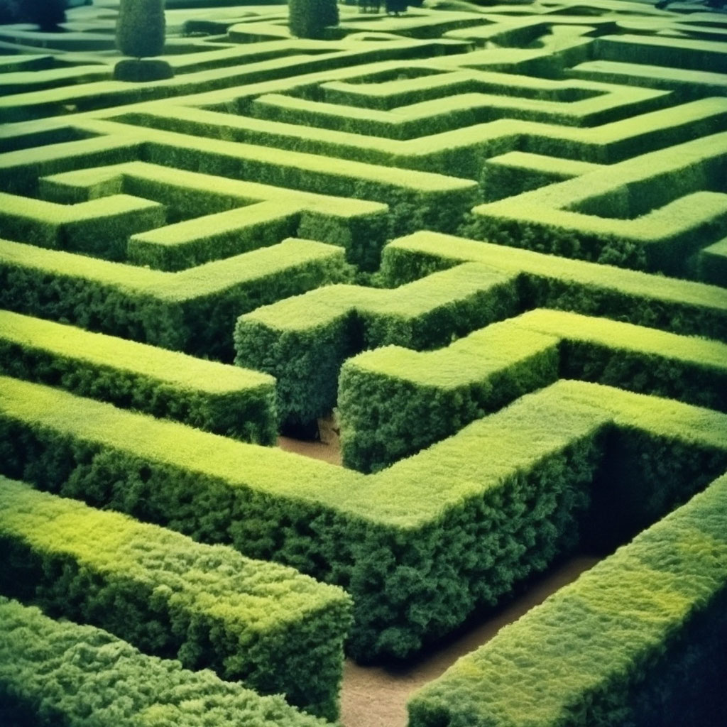 "Maze of bushes in the garden" — image created in Shedevrum