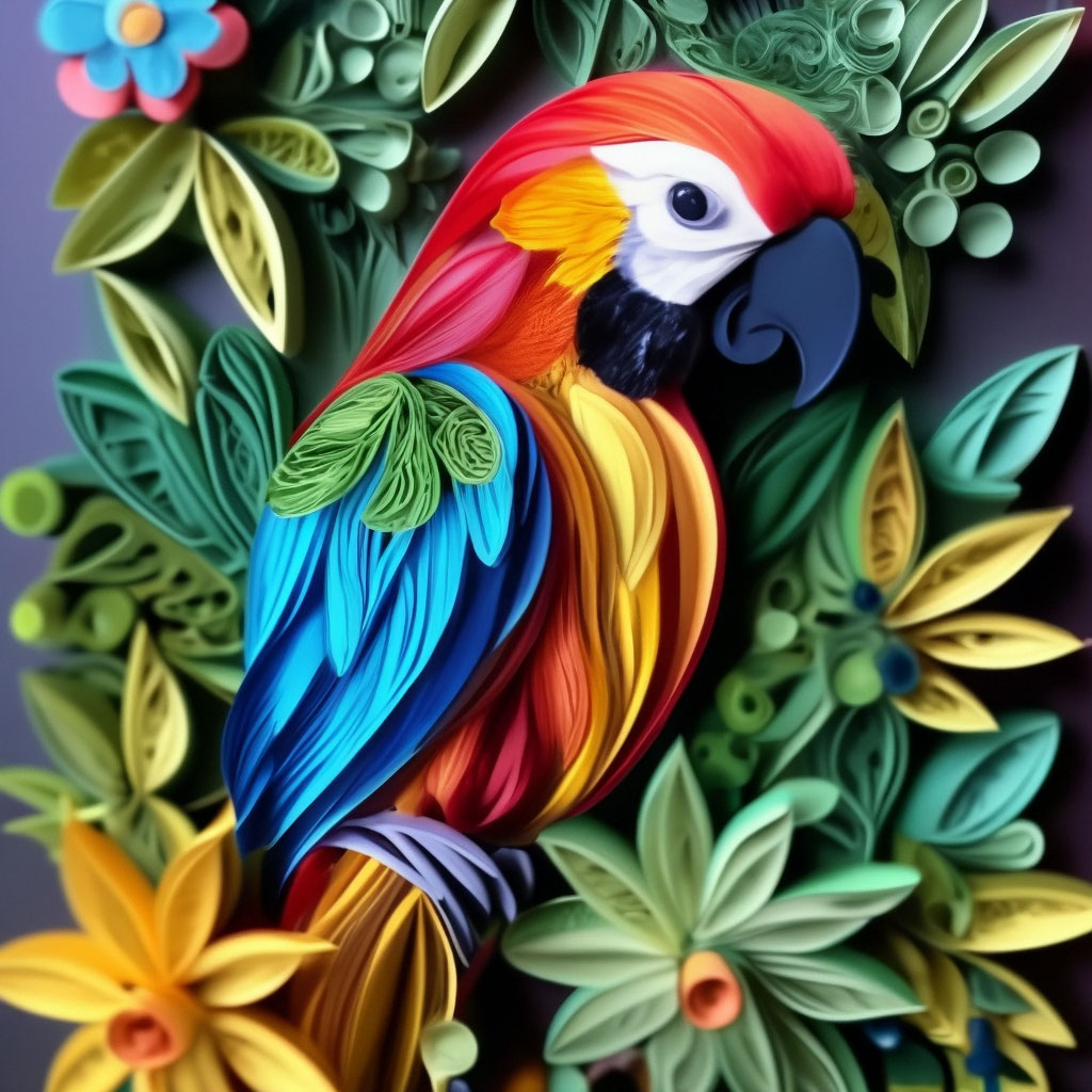 "Cute parrot , greenery and plants, quilling made of paper and thin ...