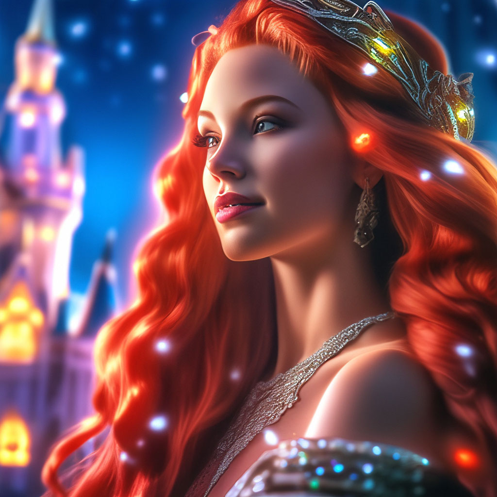 "Red-haired Miss World, Rapunzel, full face, ancient castle, bright ...