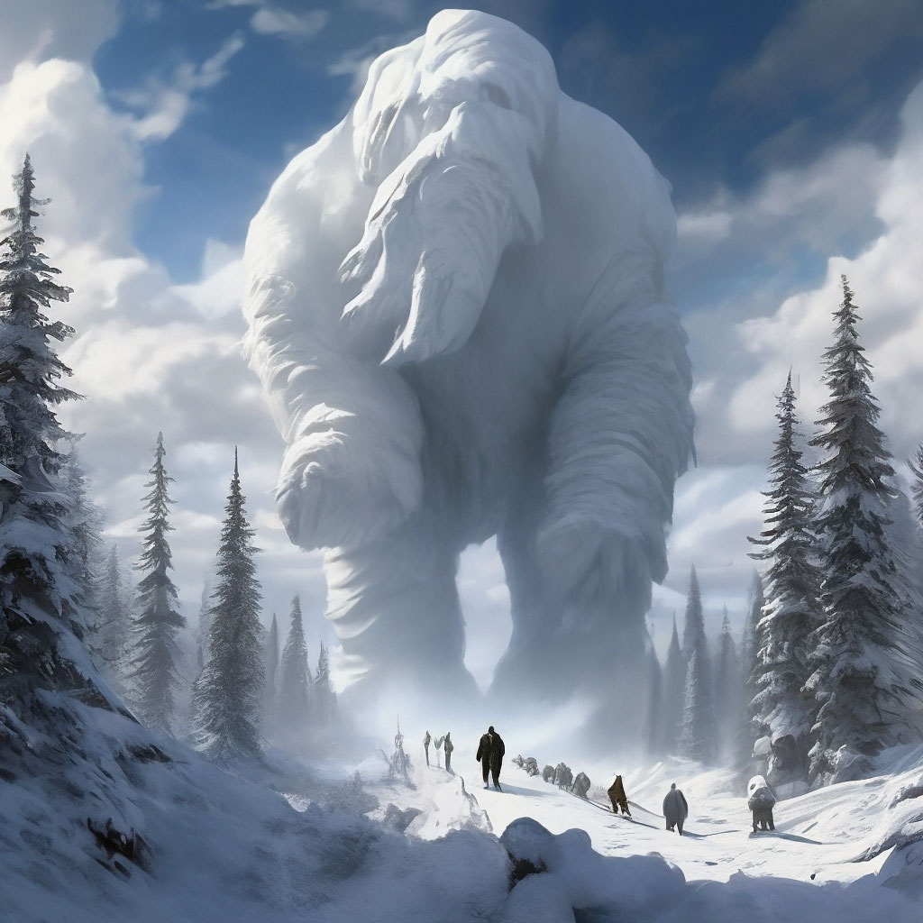 "An overview from the side, giant giants made of snow, giants made of ...