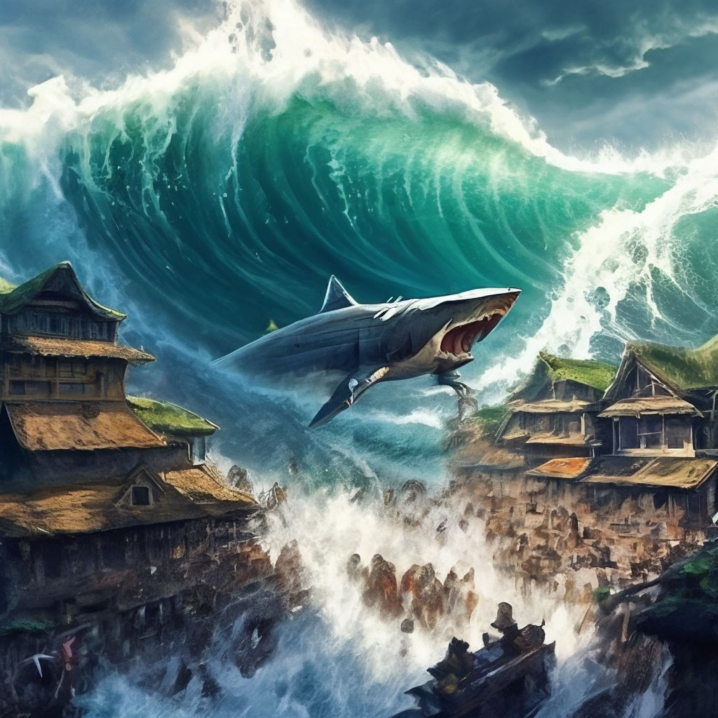 "A giant tsunami is approaching a fabulous village, fantasy, scary ...