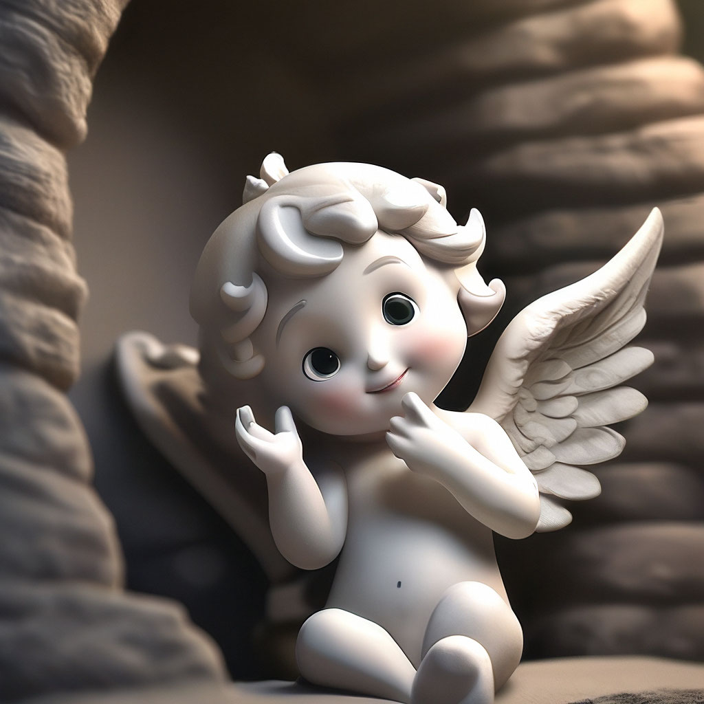 "Comical, funny, with kind, sad eyes, cute, ghostly angel, holding out ...