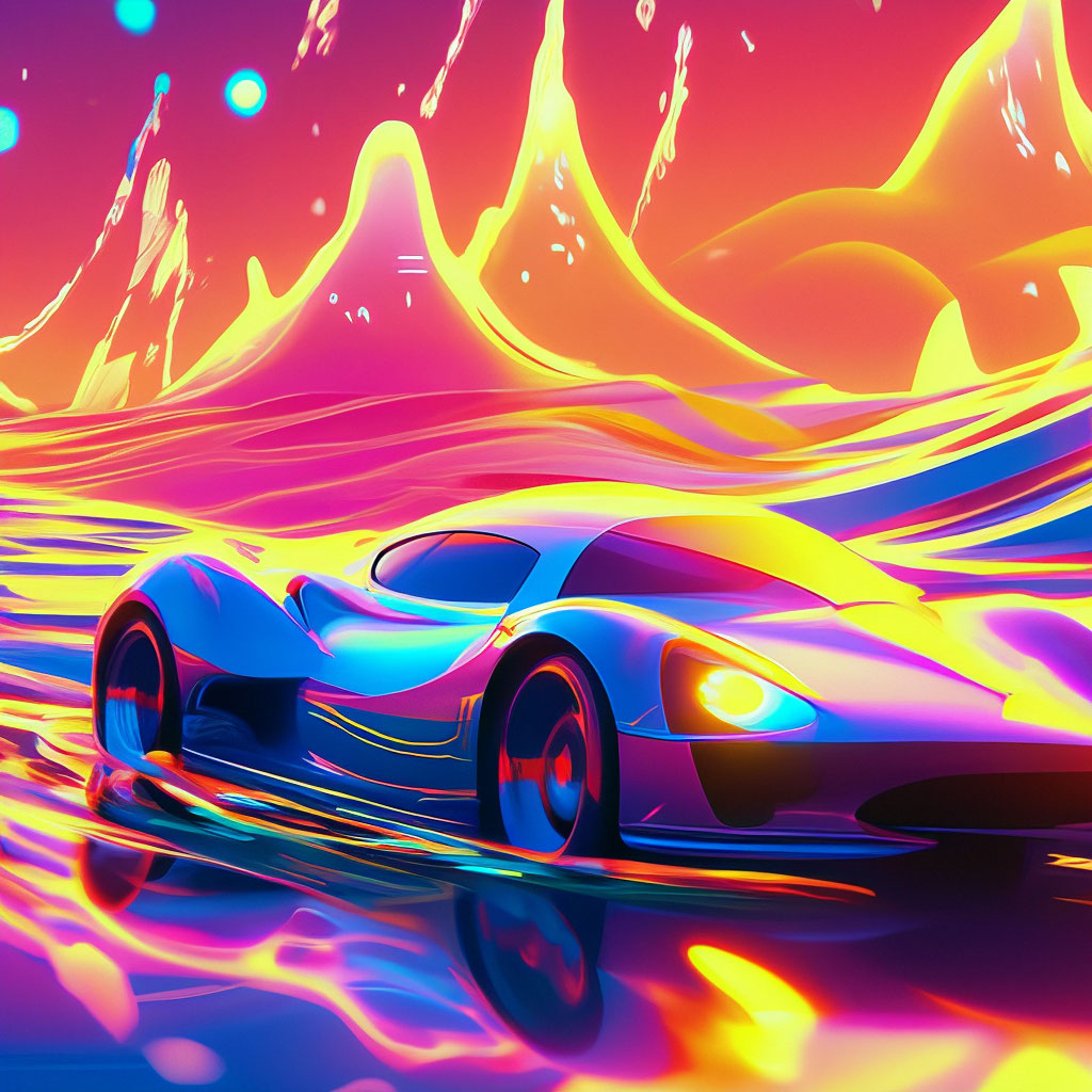 "Molten sports car,fluorescent on the waves,star pollen,floral haze ...
