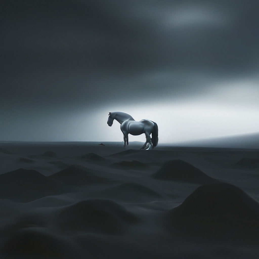 "A lonely white horse in pitch darkness, blackness, emptiness" — image ...